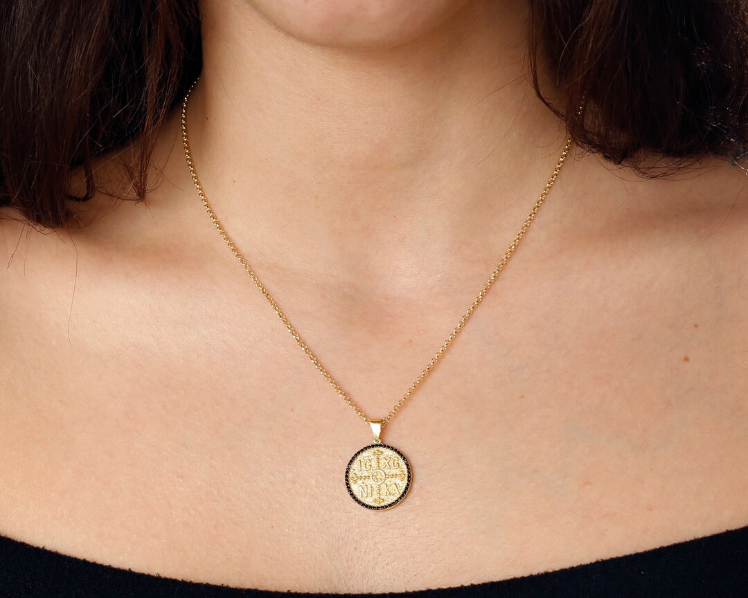 Gold Constantine Coin Necklace: 925 Silver, Black Zircon - Baptism Gift ...