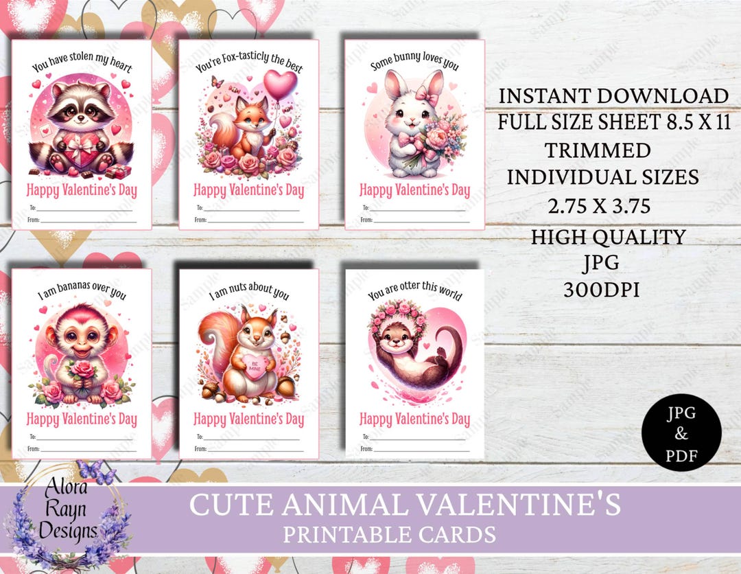 12 Printable Cute Animal Puns Valentine's Day Card Set, Valentine's Day ...