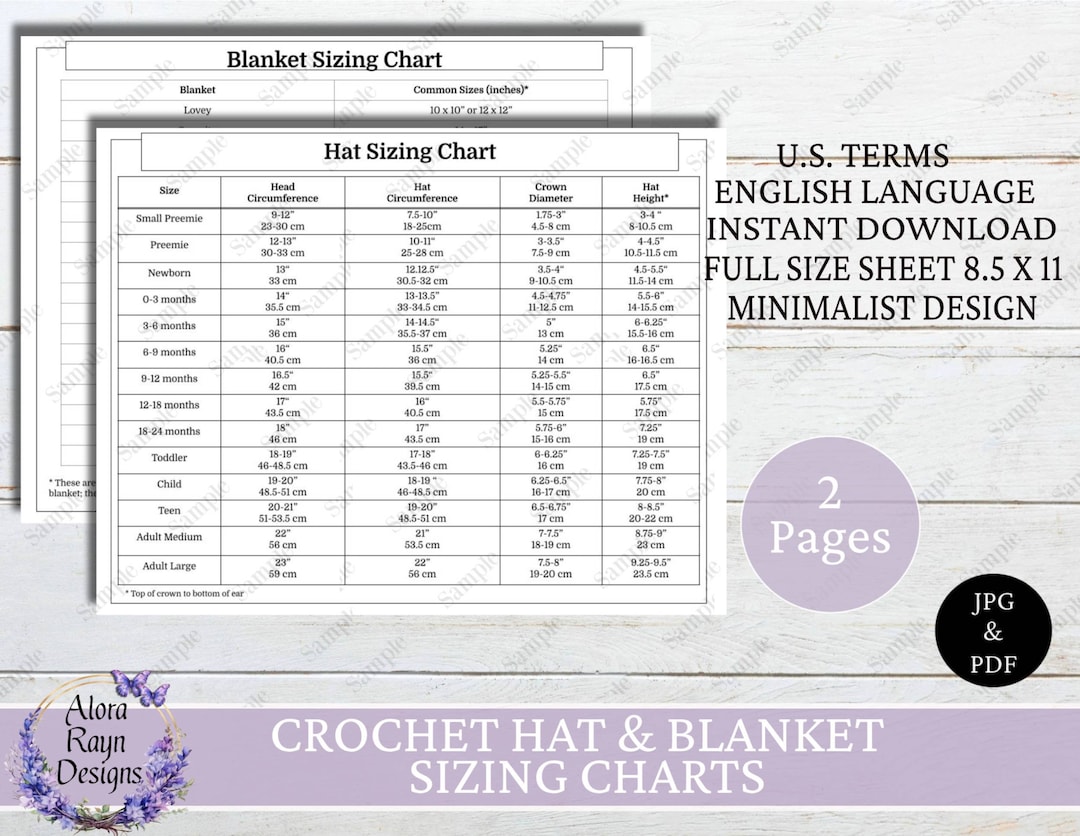 Crochet Hat and Blanket Sizing Chart, Printable Crochet Hat and Blanket ...