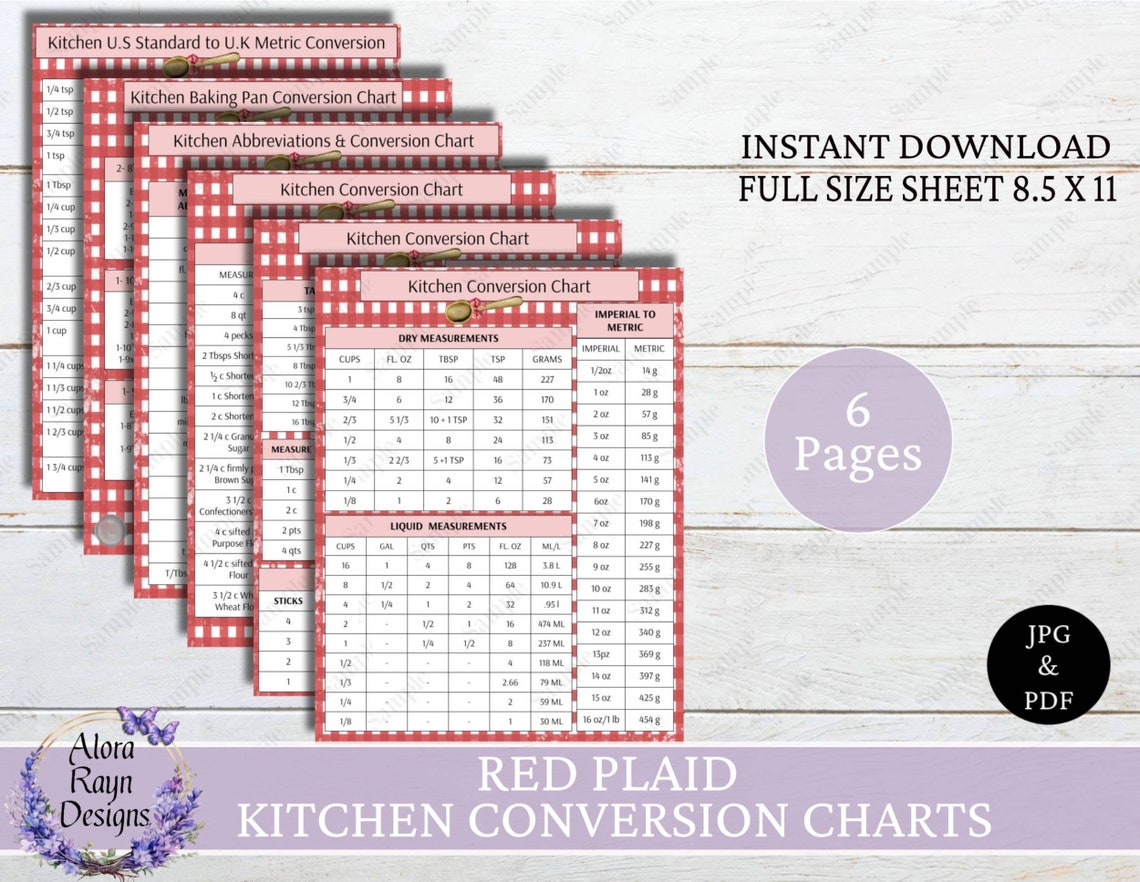 Printable Red Plaid Kitchen Conversion Charts, Kitchen Conversion Chart ...