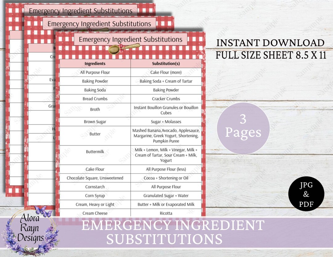 Printable Red Plaid Emergency Ingredient Substitutions Chart, Kitchen ...