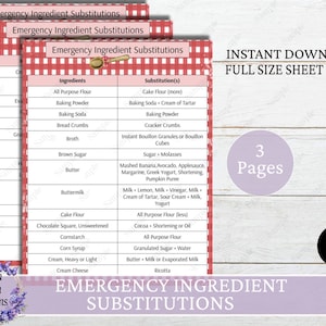 Printable Red Plaid Emergency Ingredient Substitutions Chart, Kitchen ...