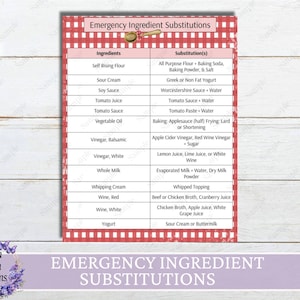Printable Red Plaid Emergency Ingredient Substitutions Chart, Kitchen ...