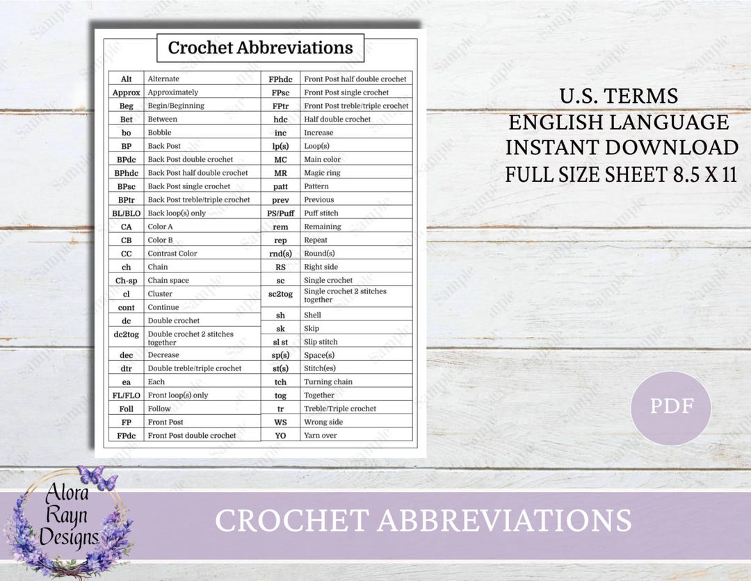 Crochet Abbreviations Reference Guide, Printable Crochet Abbreviation ...