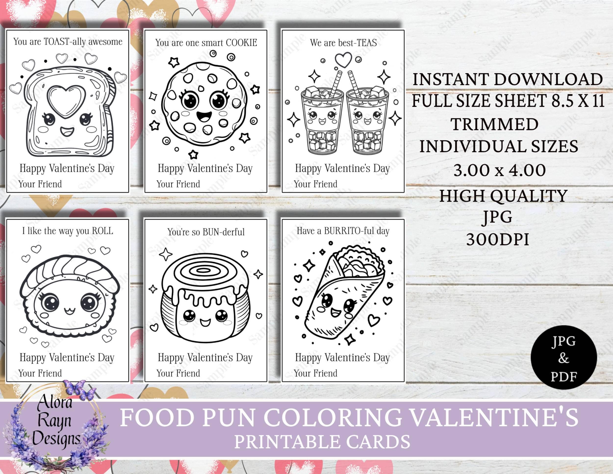 Valentine’s Food Pun Printable Coloring Cards, Food Pun Valentine's Day ...