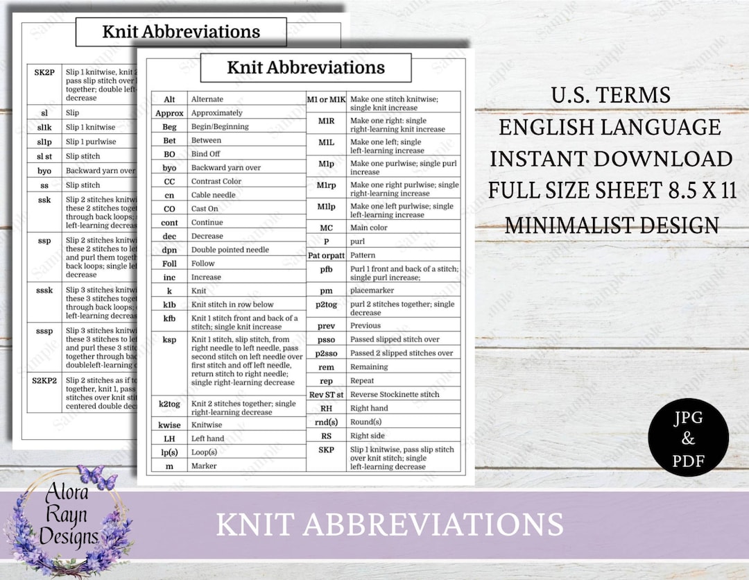 Knit Abbreviations Reference Guide, Printable Knit Abbreviation Page ...