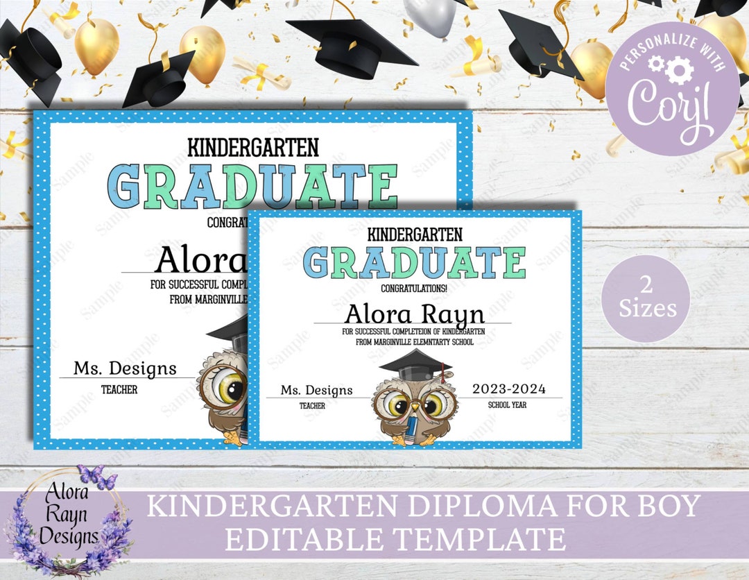 Editable Kindergarten Diploma for Boy, Personalized Graduation ...
