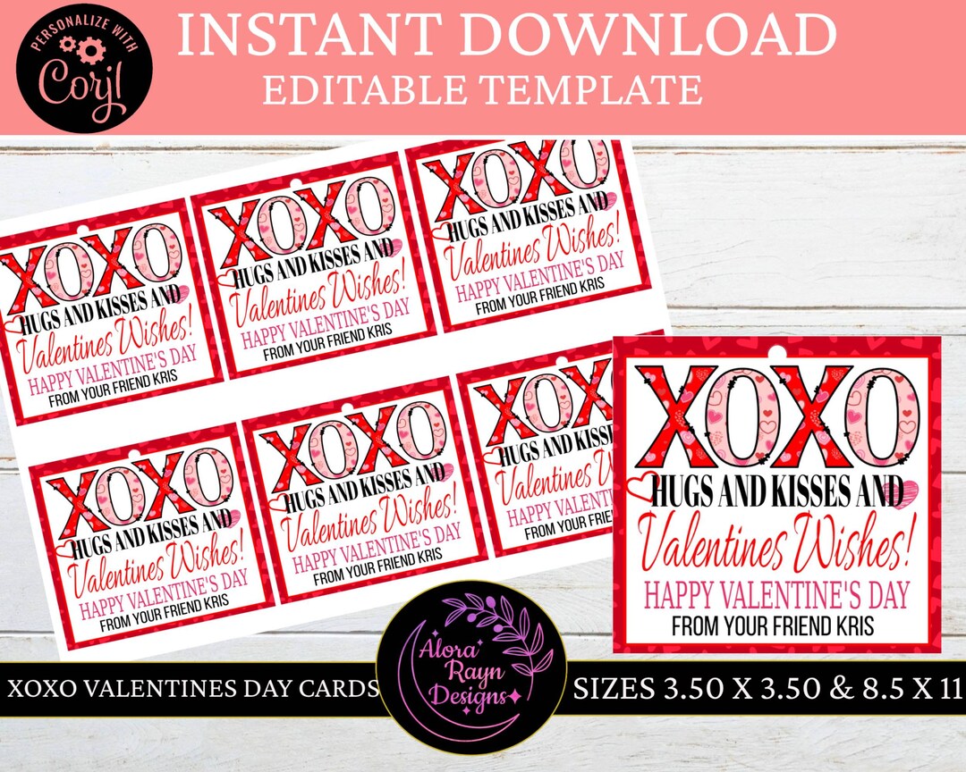 EDITABLE XOXO Valentine's Day Printable Cards Valentine's Day Labels ...