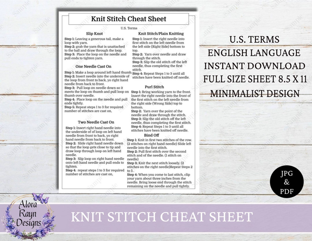 Knit Basic Stitch Cheat Sheet, Reference Guide, Knit Journal Page, Basic Knit Guides, Beginner ...