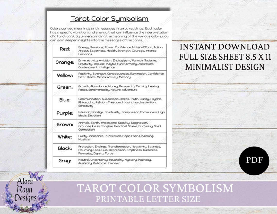 Tarot Color Symbolism Cheat Sheet Printable, Learn Tarot, Beginners ...