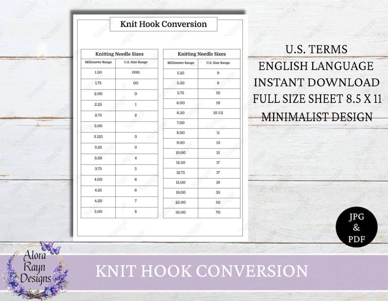 Knit Hook Conversion Chart Reference Guide, Knit Journal Page, Basic ...
