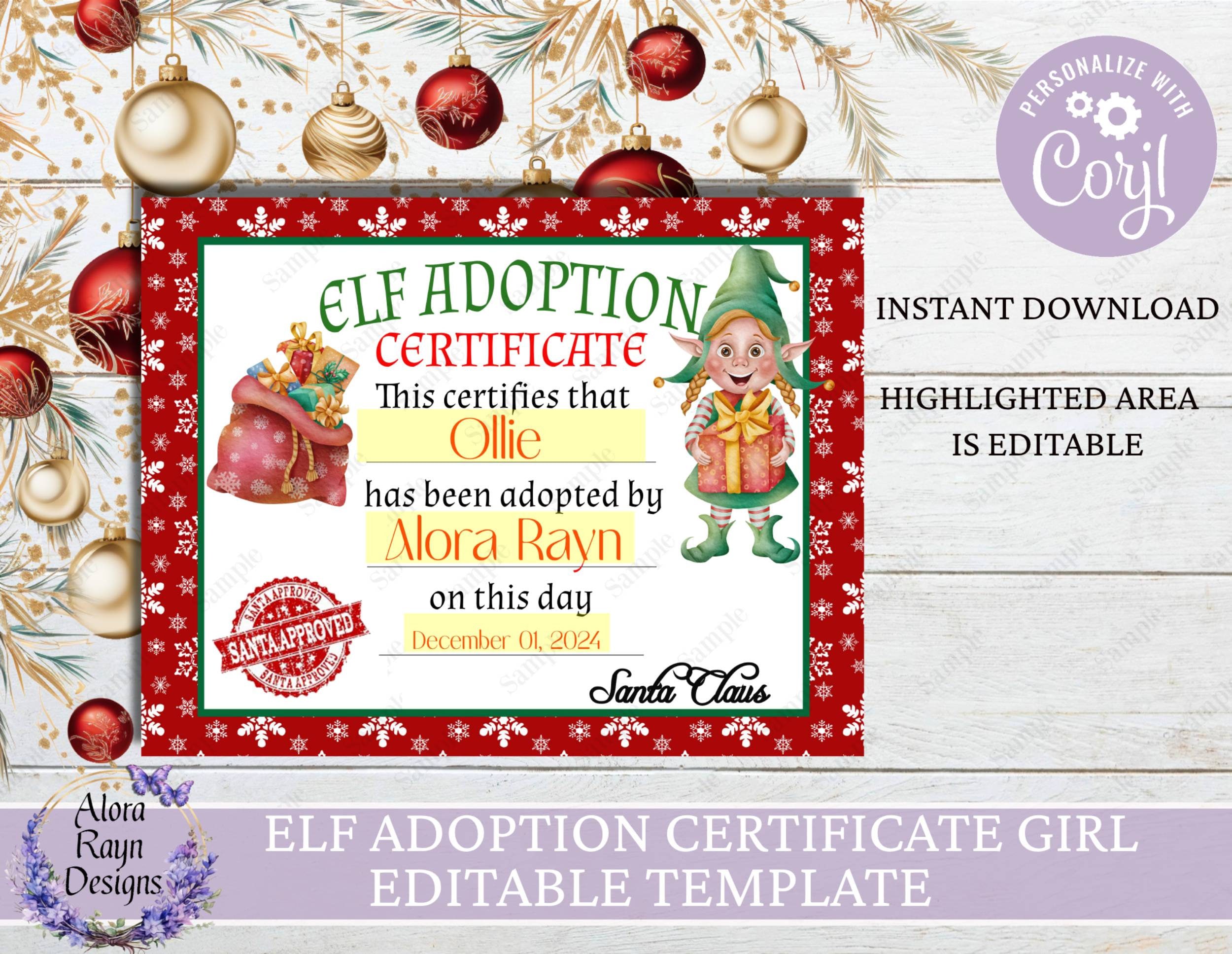 Editable Girl Elf Adoption Certificate , Printable Elf Adoption ...
