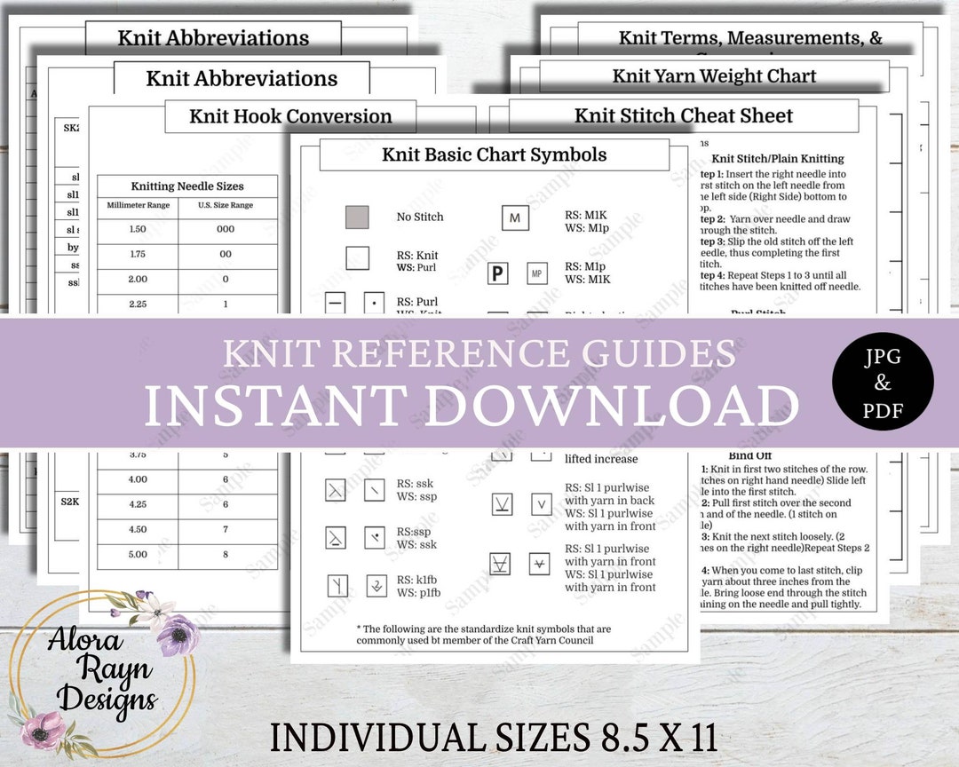 Knit Reference Guides Printable Knit Reference Pages Basic - Etsy