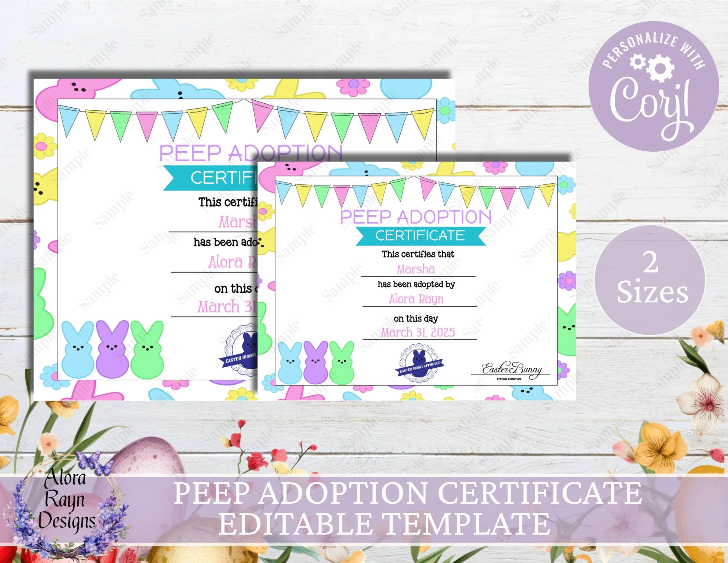 Editable Peep Adoption Certificate, Printable Peep Adoption Official ...