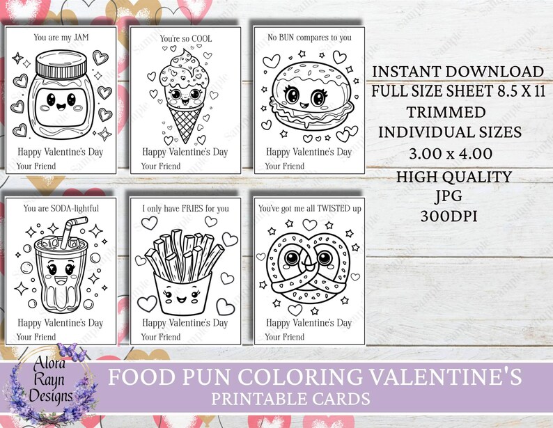 24 Printable Valentine’s Food Pun Coloring Kids Cards, Valentine's Day ...
