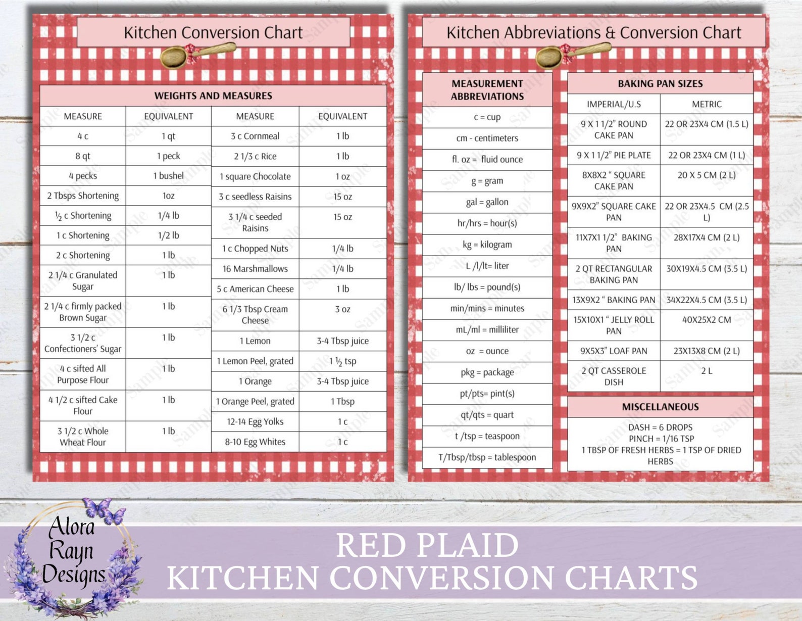 Printable Red Plaid Kitchen Conversion Charts, Kitchen Conversion Chart ...