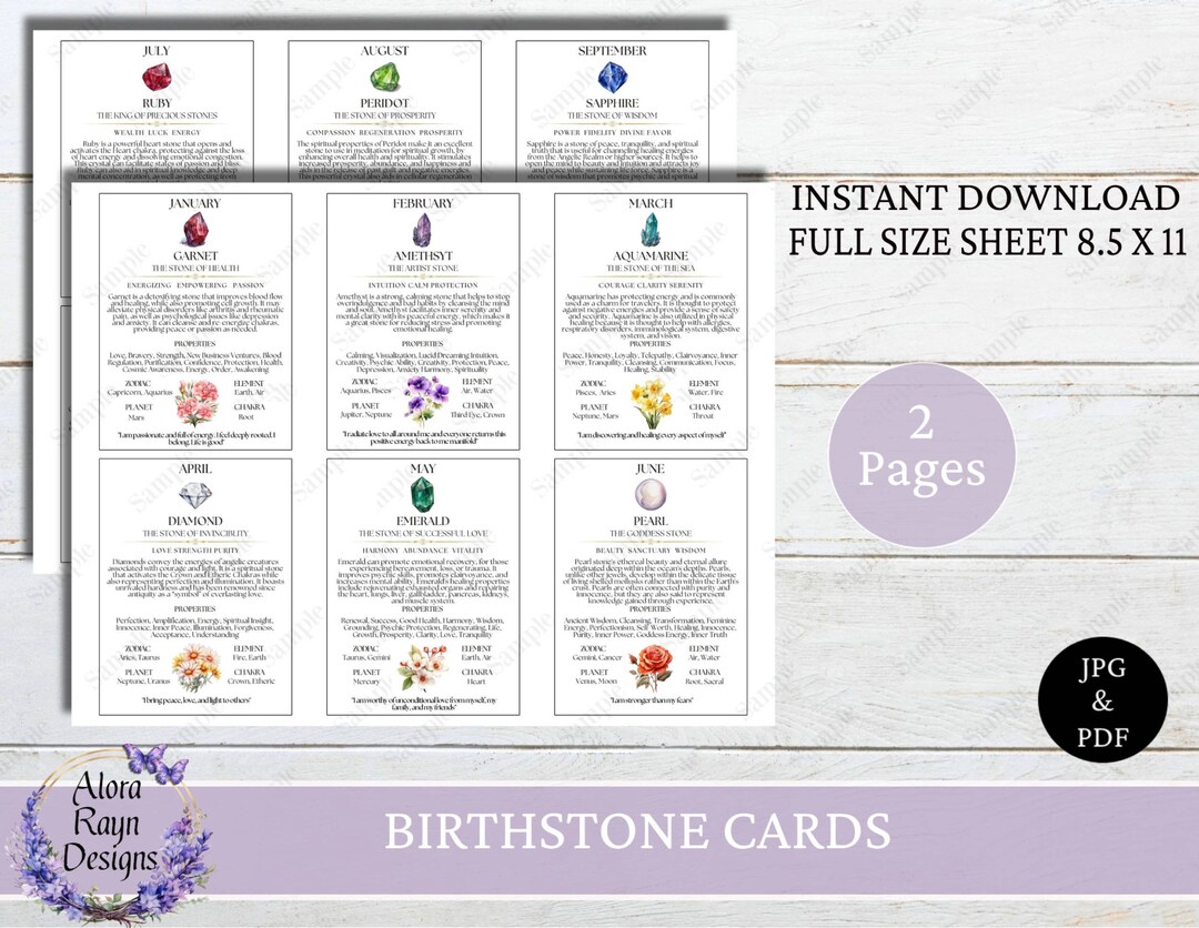 Printable Birthstone Info Cards, Gemstone Meaning Cards, Crystal ...