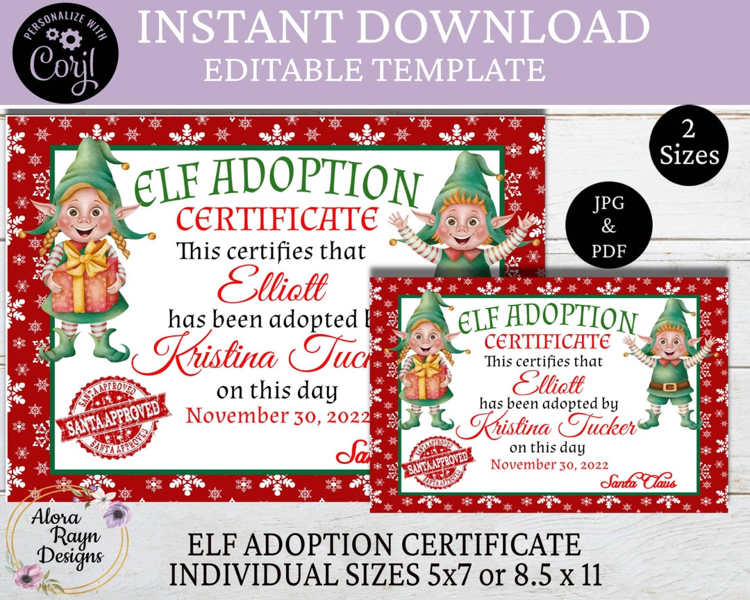 EDITABLE Elf Adoption Certificate, Printable Elf Adoption Official ...