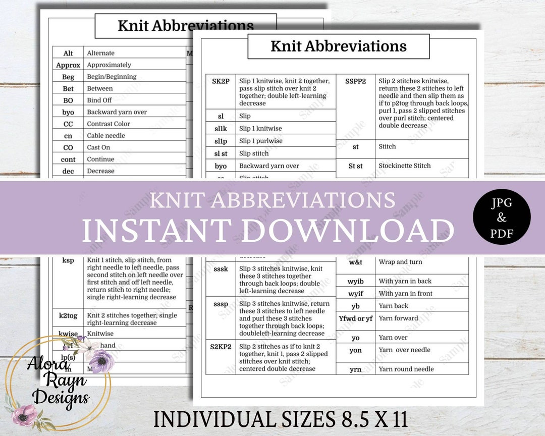 Knit Abbreviations Reference Guide, Printable Knit Abbreviation Page ...