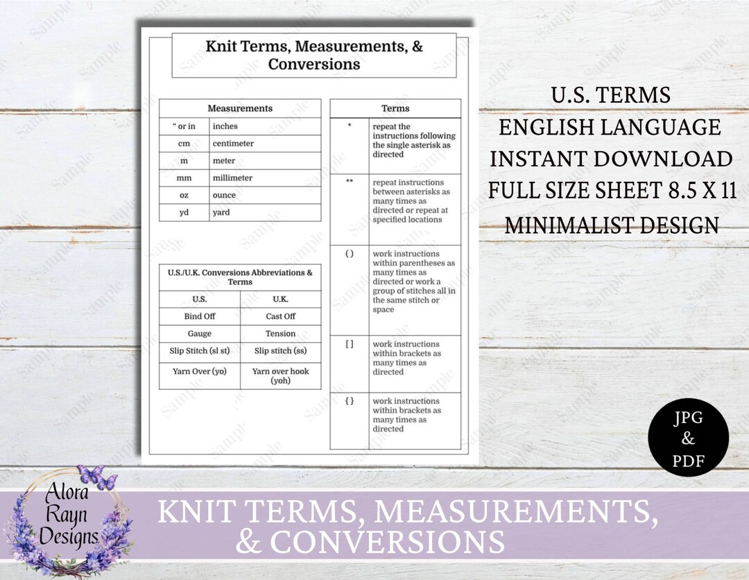 Knit Terms, Measurements, & Conversions Reference Guide, Knit Journal ...