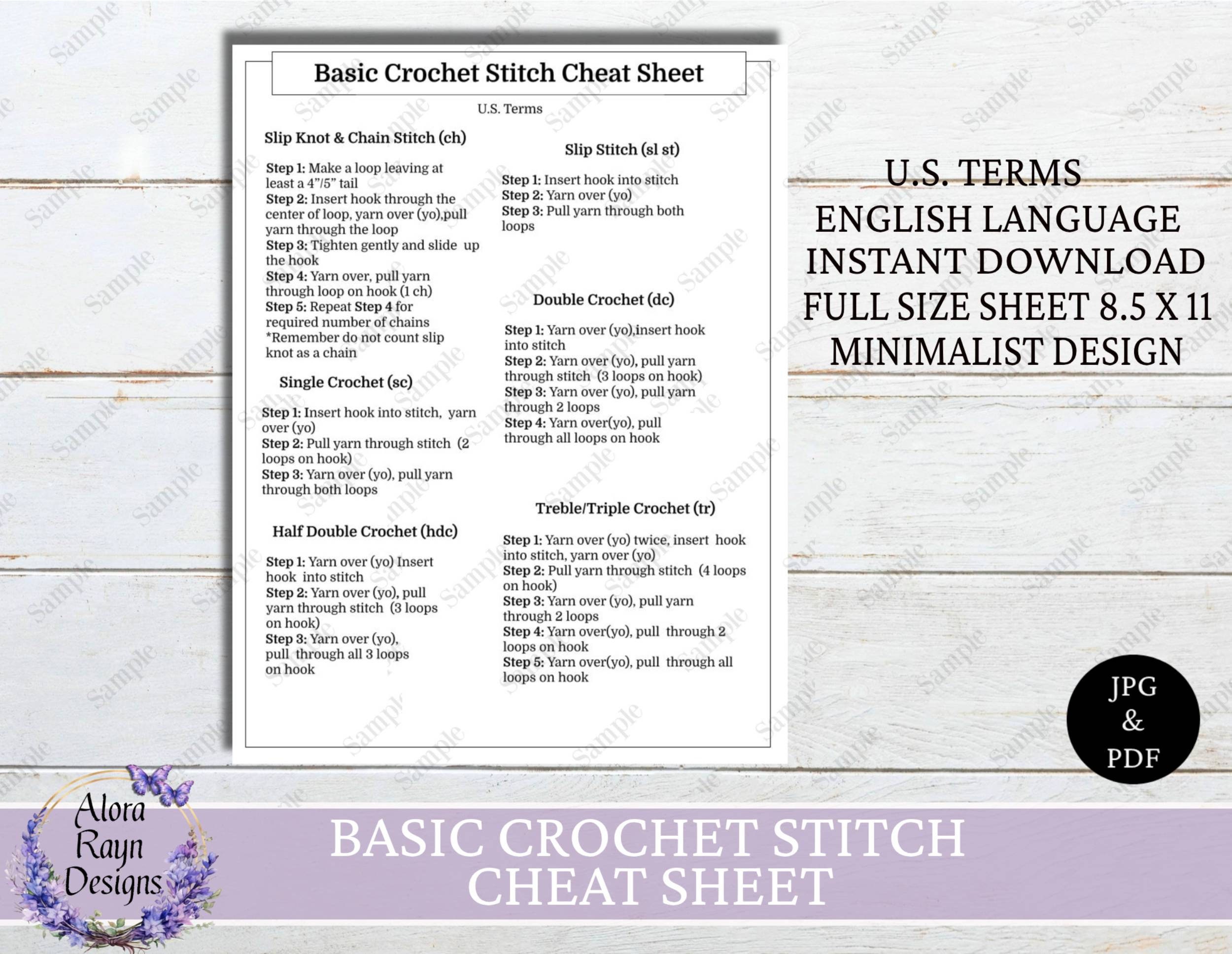 Crochet Basic Stitch Cheat Sheet, Crochet Reference Guides, Beginner ...