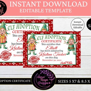 EDITABLE Elf Adoption Certificate Printable Elf Adoption - Etsy