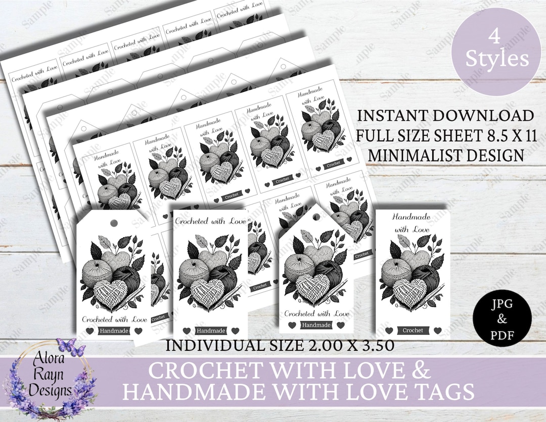 Printable Crocheted/handmade With Love Tags, Print and Cut Crochet Tag ...