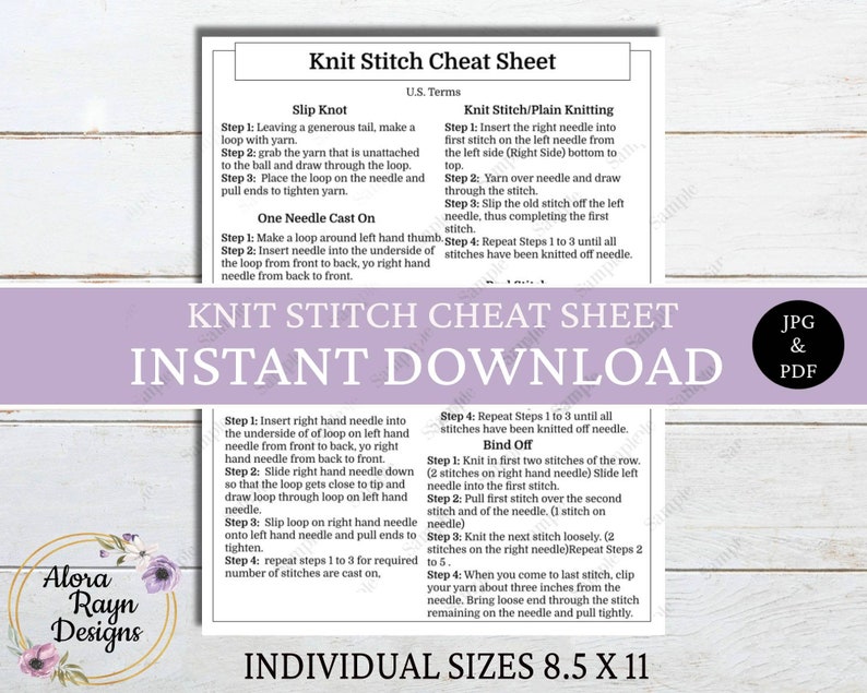Knit Basic Stitch Cheat Sheet Reference Guide Knit Journal - Etsy
