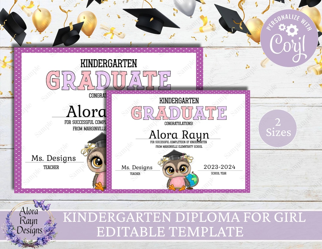 Editable Kindergarten Diploma for Girl, Personalized Graduation ...