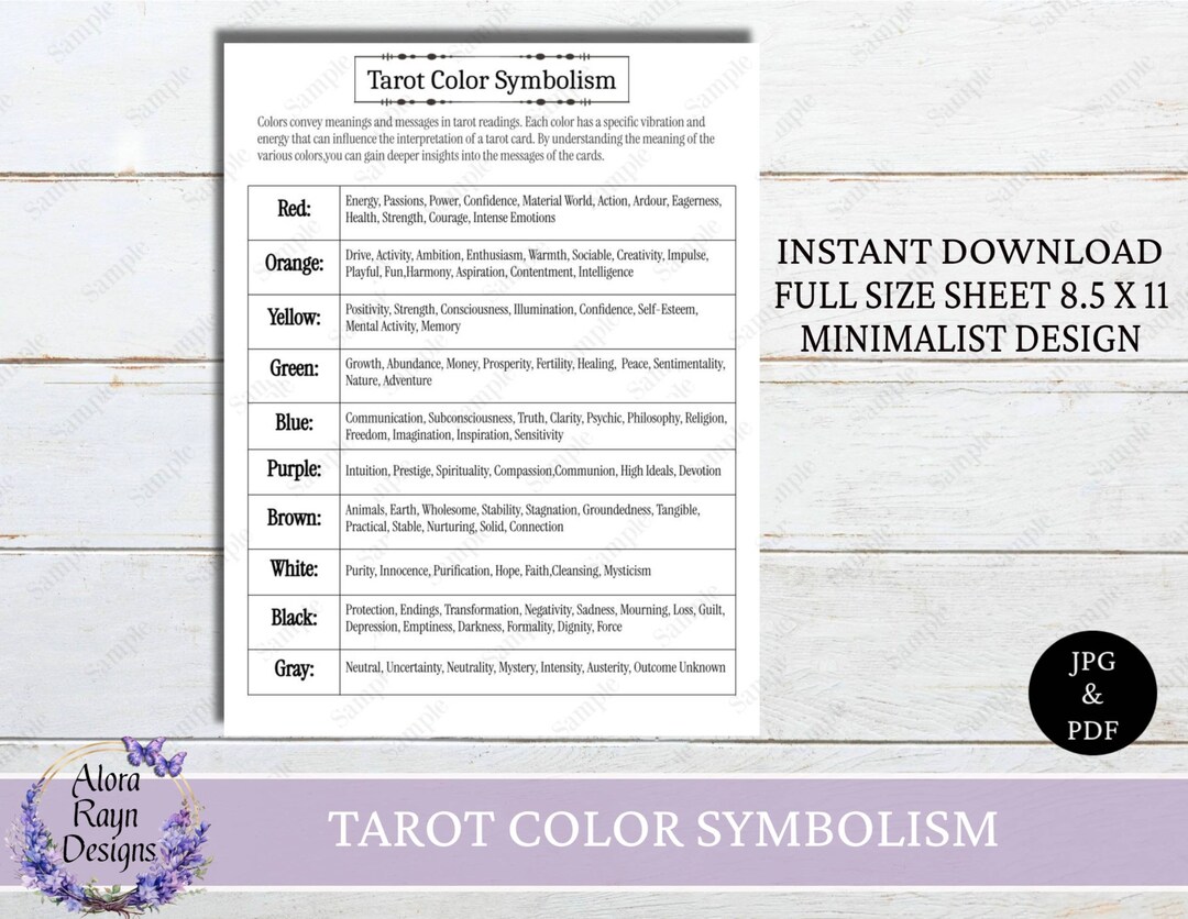 Tarot Color Symbolism Cheat Sheet Printable, Learn Tarot, Beginners ...
