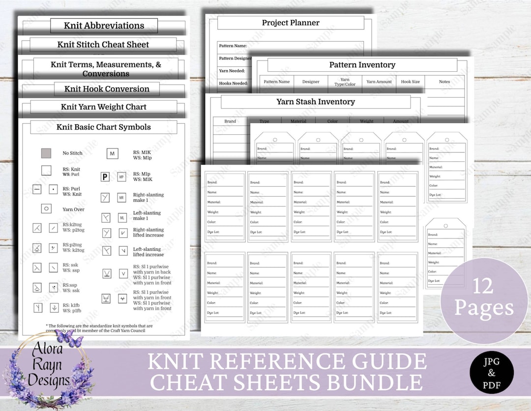 Knit Reference Guidescheat Sheet Bundle, Printable Knit Reference Pages ...