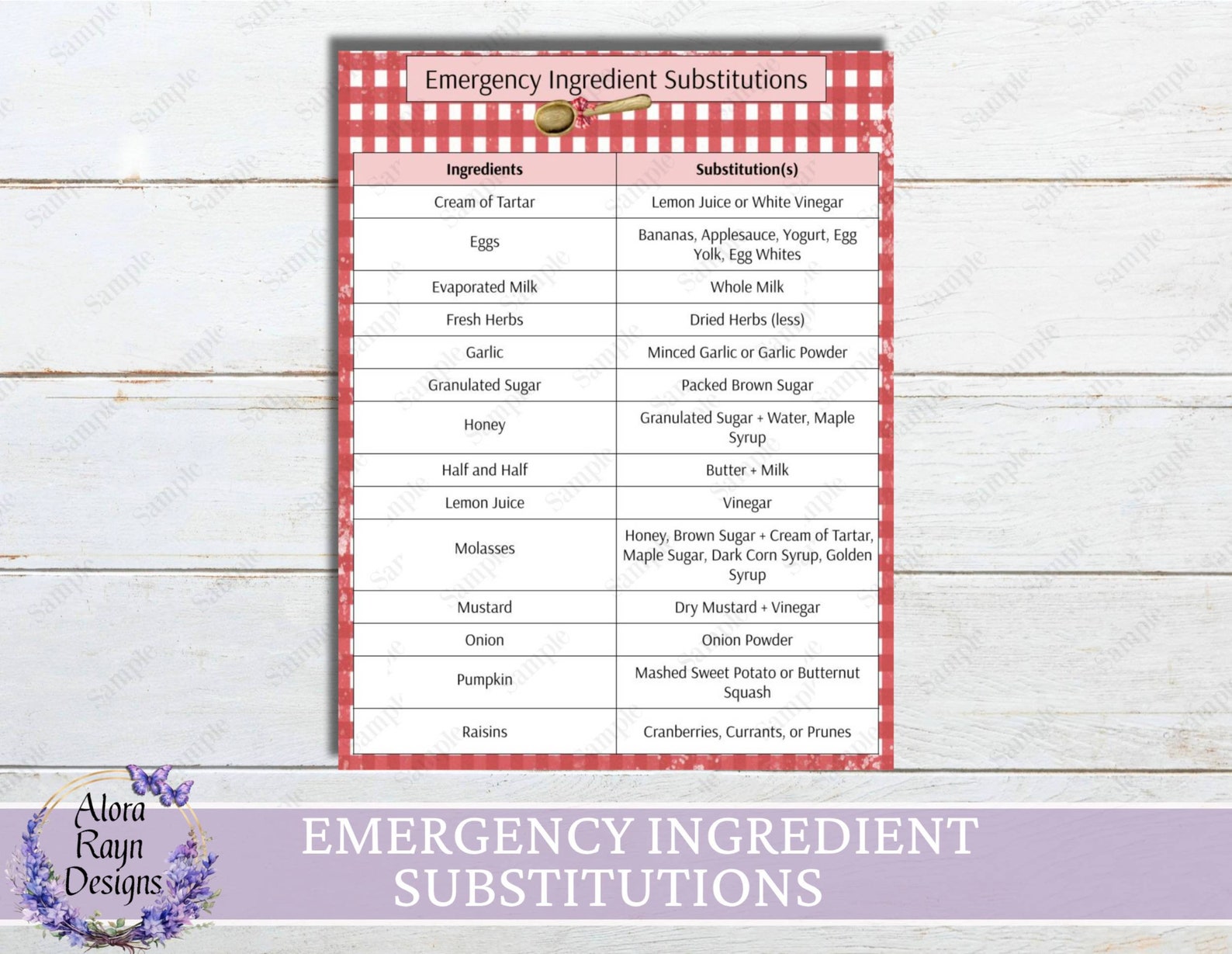 Printable Red Plaid Emergency Ingredient Substitutions Chart, Kitchen ...