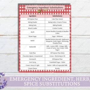 Printable Red Plaid Emergency Ingredient Substitutions Chart, Herb ...