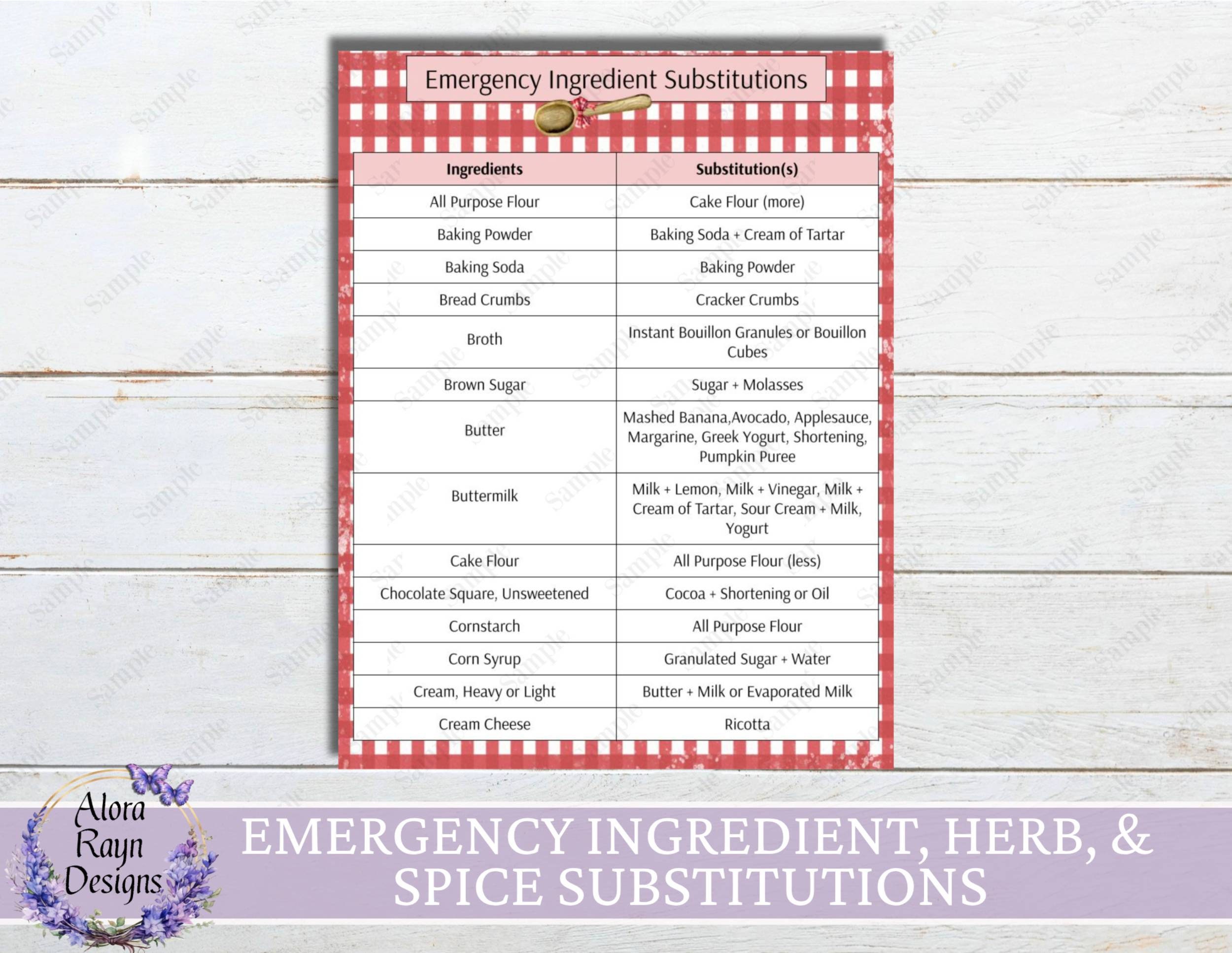 Printable Red Plaid Emergency Ingredient Substitutions Chart, Herb ...