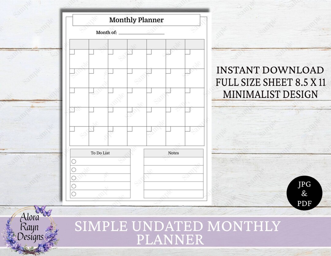 Simple Undated Monthly Planner Printable, Simple Monthly Planner Page ...