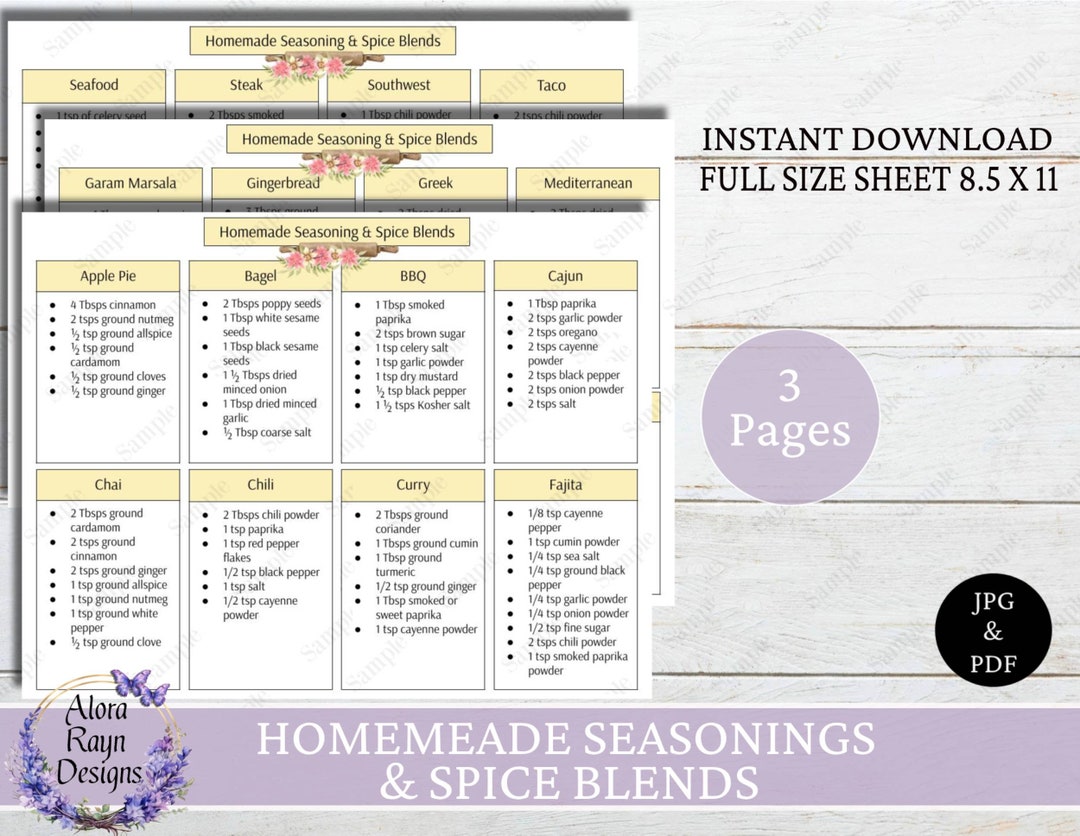 Printable Homemade Seasoning & Spice Blends, Printable Kitchen Cheat ...