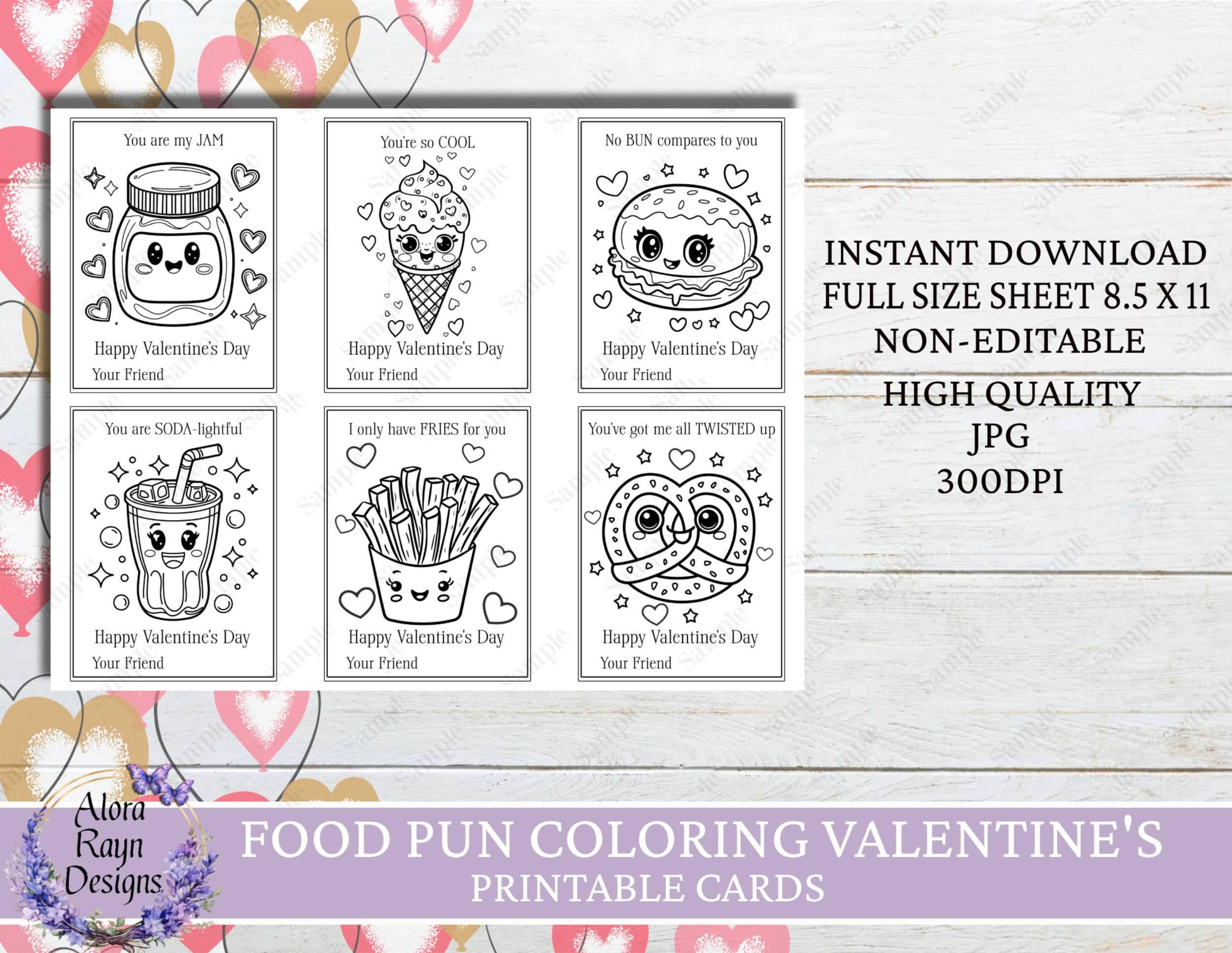 Valentine’s Food Pun Printable Coloring Kids Cards, Food Pun Valentine ...