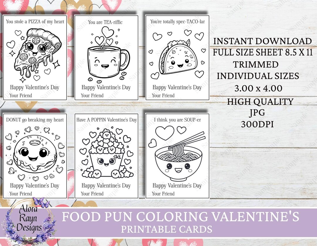 24 Printable Valentine’s Food Pun Coloring Cards, Valentine's Day Cards ...