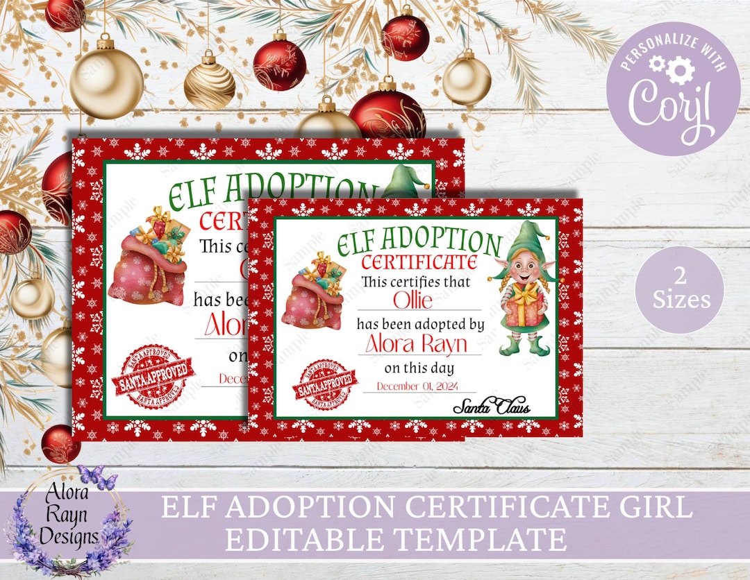 Editable Girl Elf Adoption Certificate , Printable Elf Adoption ...