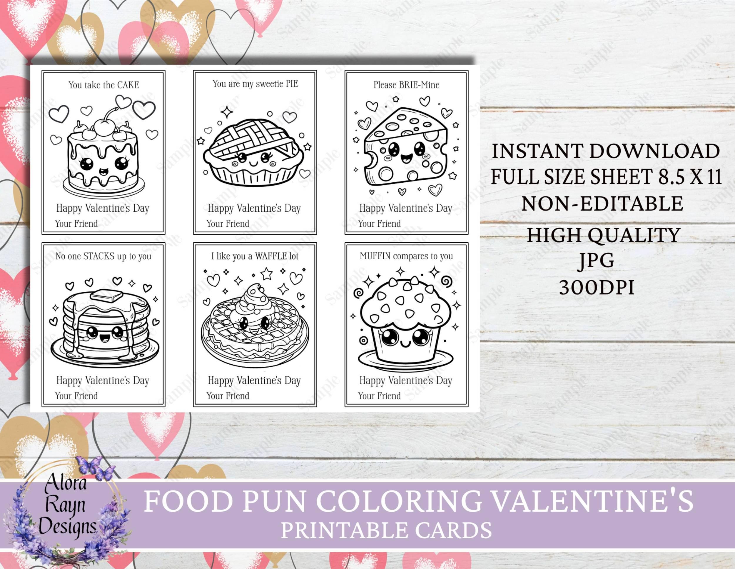 Valentine’s Food Pun Printable Coloring Kids Cards, Food Pun Valentine ...