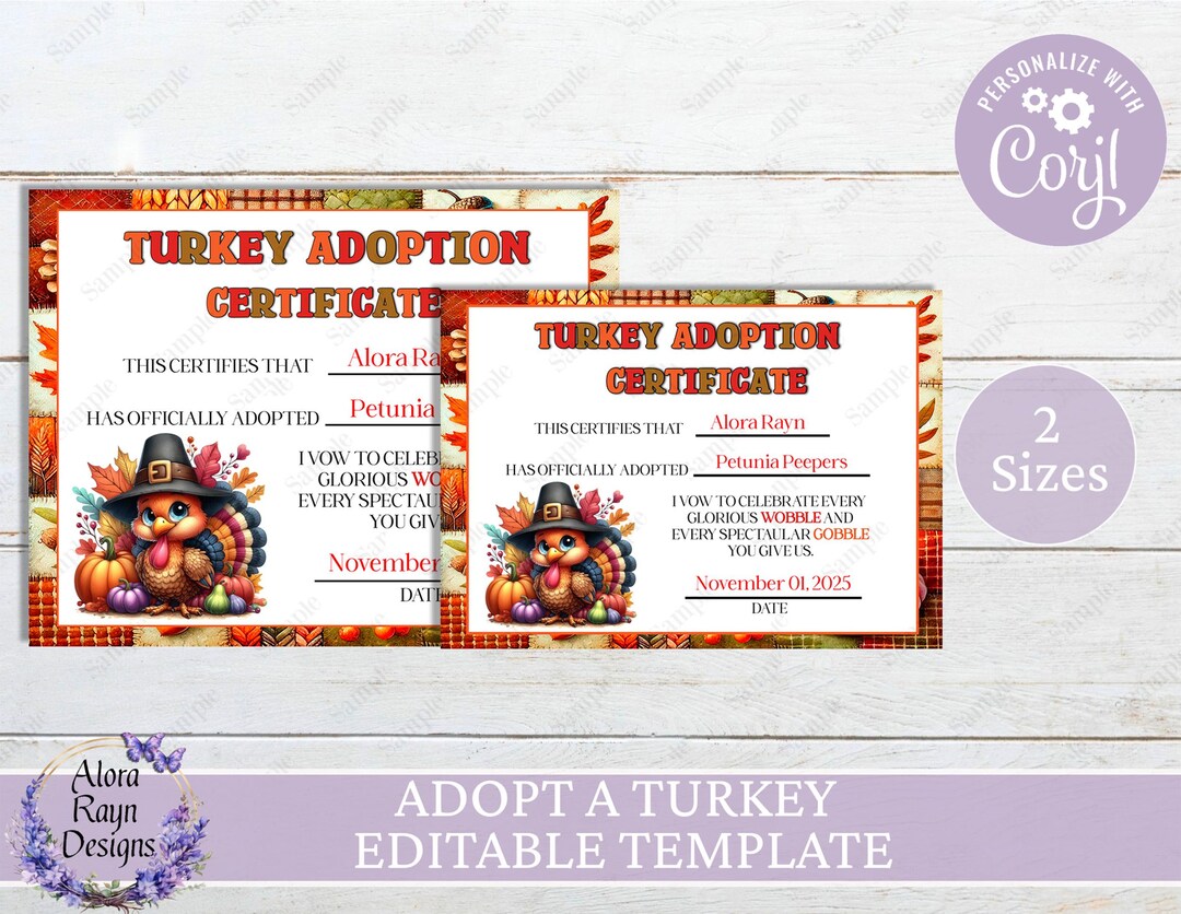 Editable Turkey Adoption Certificate, Printable Turkey Adoption ...