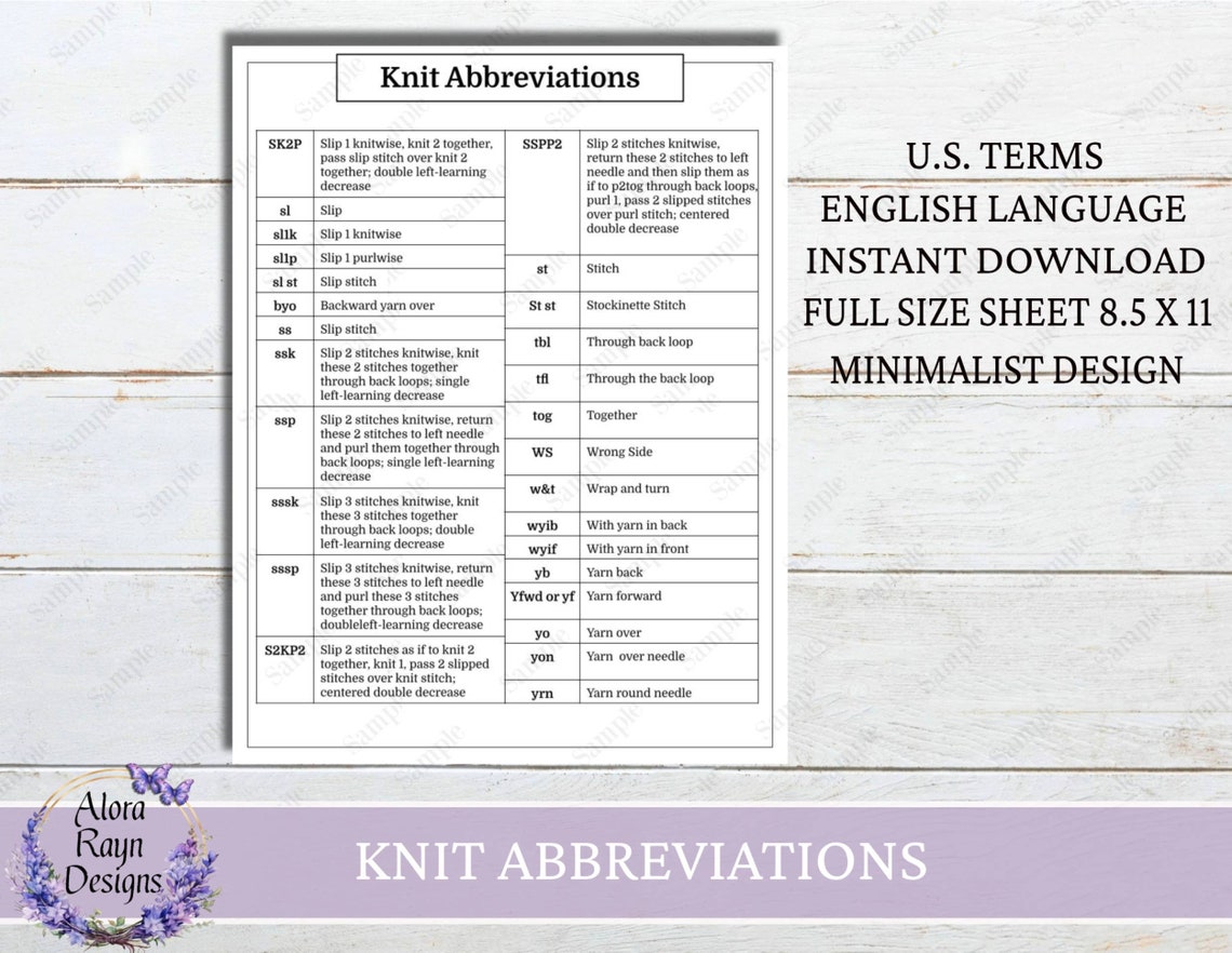 Knit Abbreviations Reference Guide, Printable Knit Abbreviation Page ...