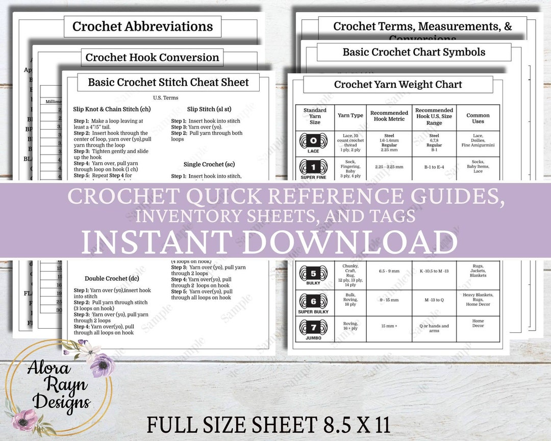 Crochet Reference Guides, Inventory Sheets, and Tags, Printable Crochet ...