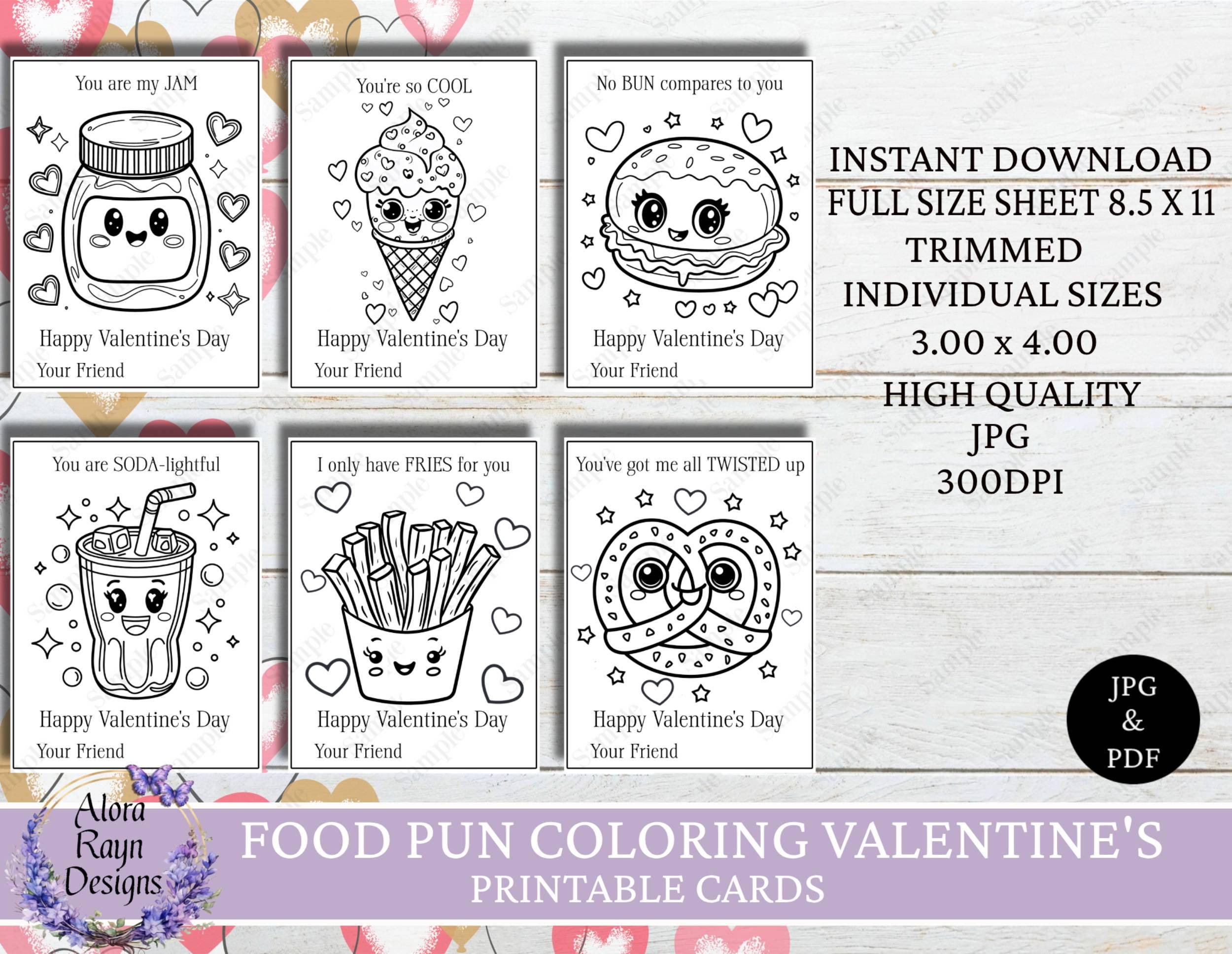Valentine’s Food Pun Printable Coloring Kids Cards, Food Pun Valentine ...