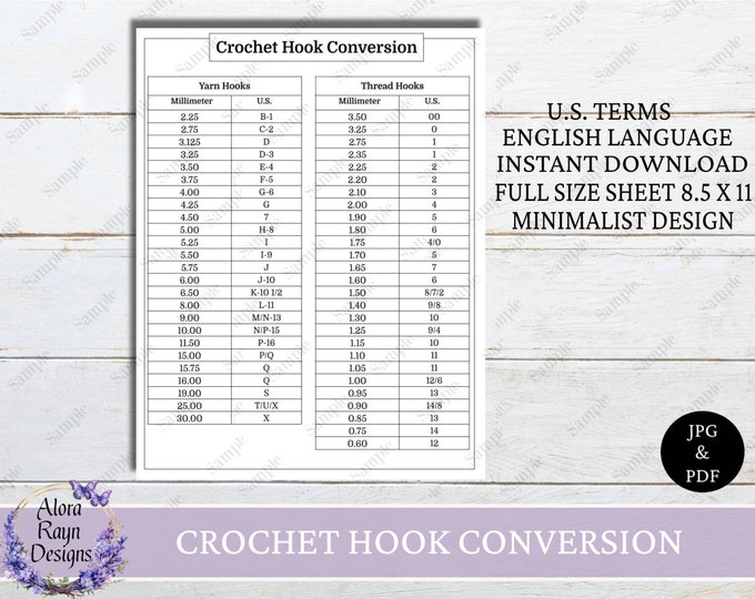 Printable Crochet Hook Size Conversions Chart - Etsy