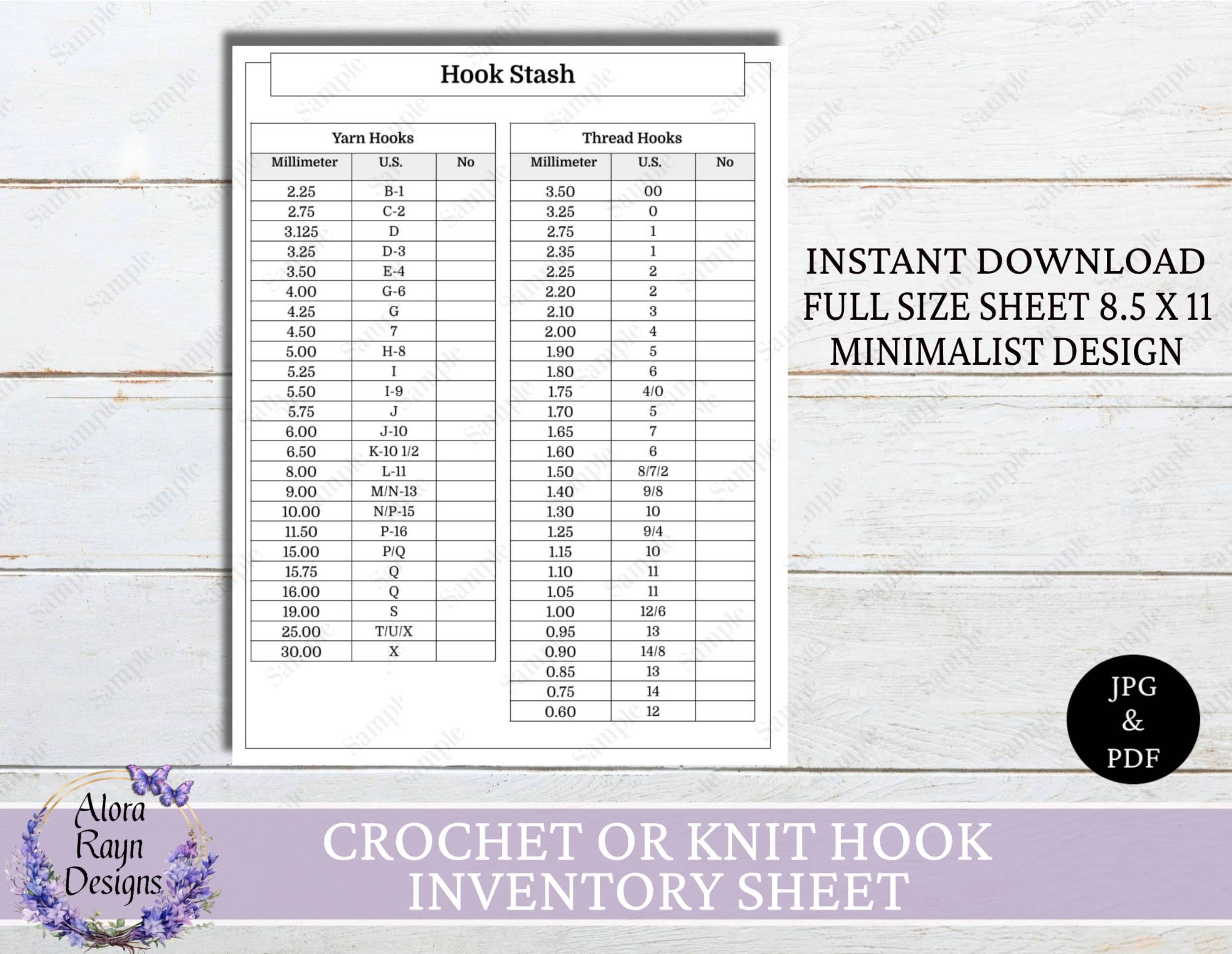 Basic Crochet/knit Hook Inventory Printable , Hook Stash Record Page ...
