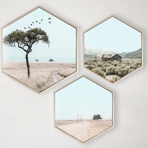 Set of 3 Framed Hexagon Wall Art Landscape Art Print Modern | Etsy