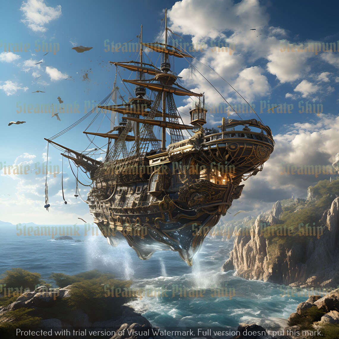 Steampunk Ship, Sci-fi Pirates, Fairy Tale, Storybook, Ethereal Digital ...