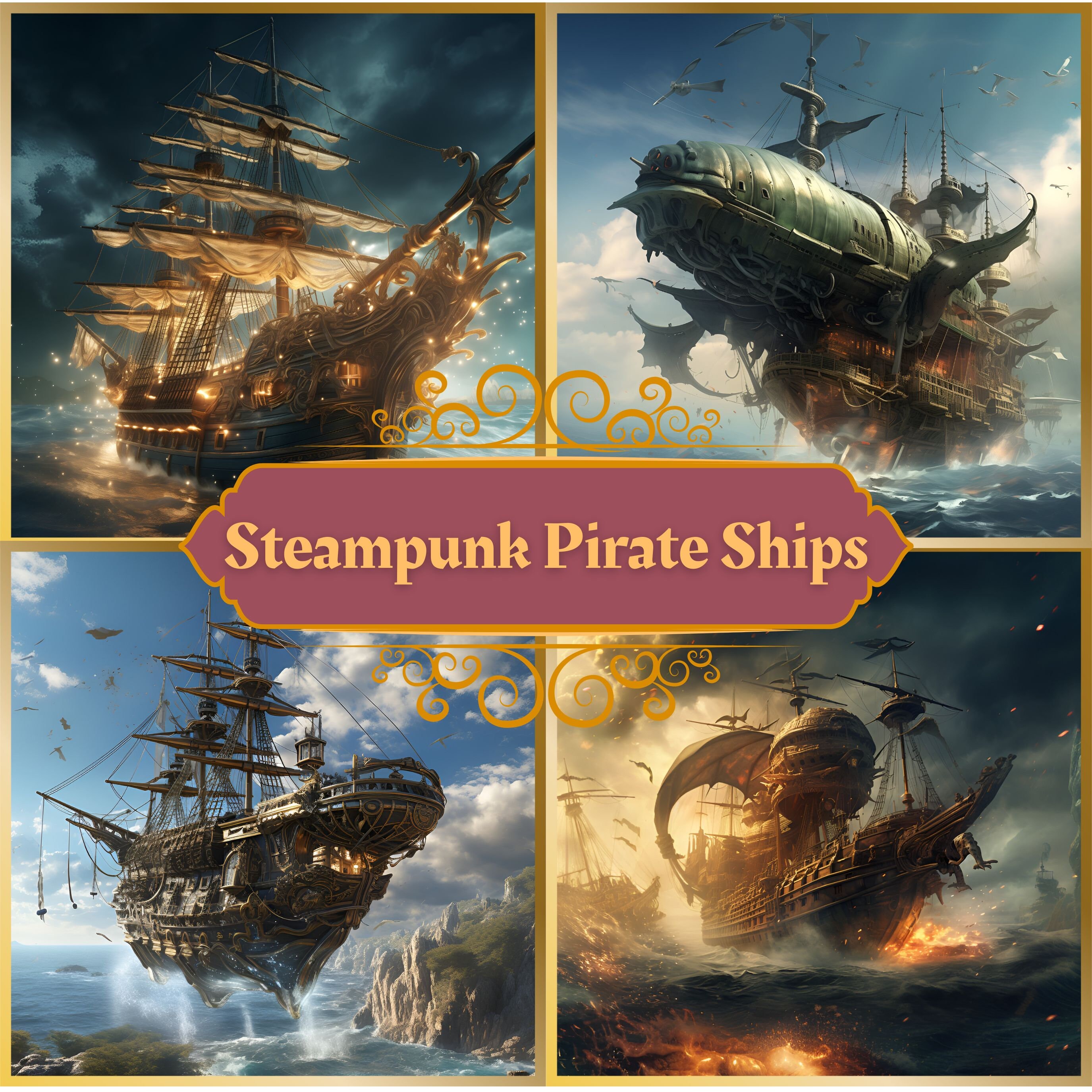Steampunk Ship, Sci-fi Pirates, Fairy Tale, Storybook, Ethereal Digital ...