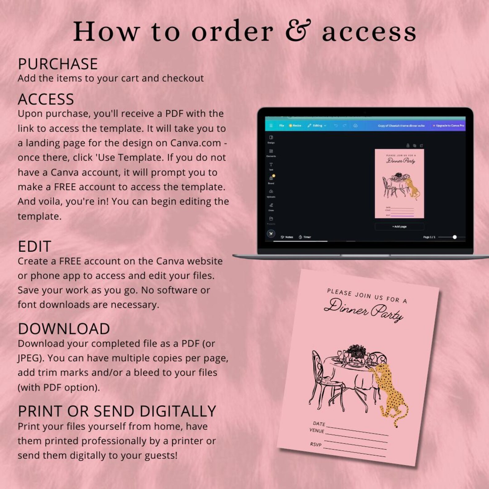 Pink Cheetah Themed Dinner Party Digital Invitation | Editable Template ...